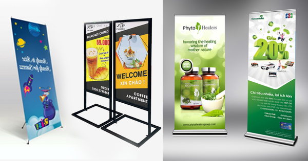 In Standee chữ X – khung nhôm cuốn – Standee khung sắt ngoài trời